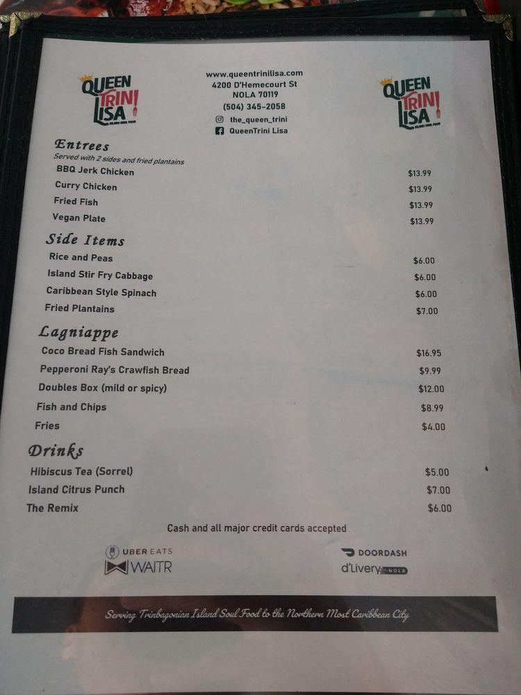 Carta del restaurante Queen Trini Lisa, Nueva Orleans, D'Hemecourt St