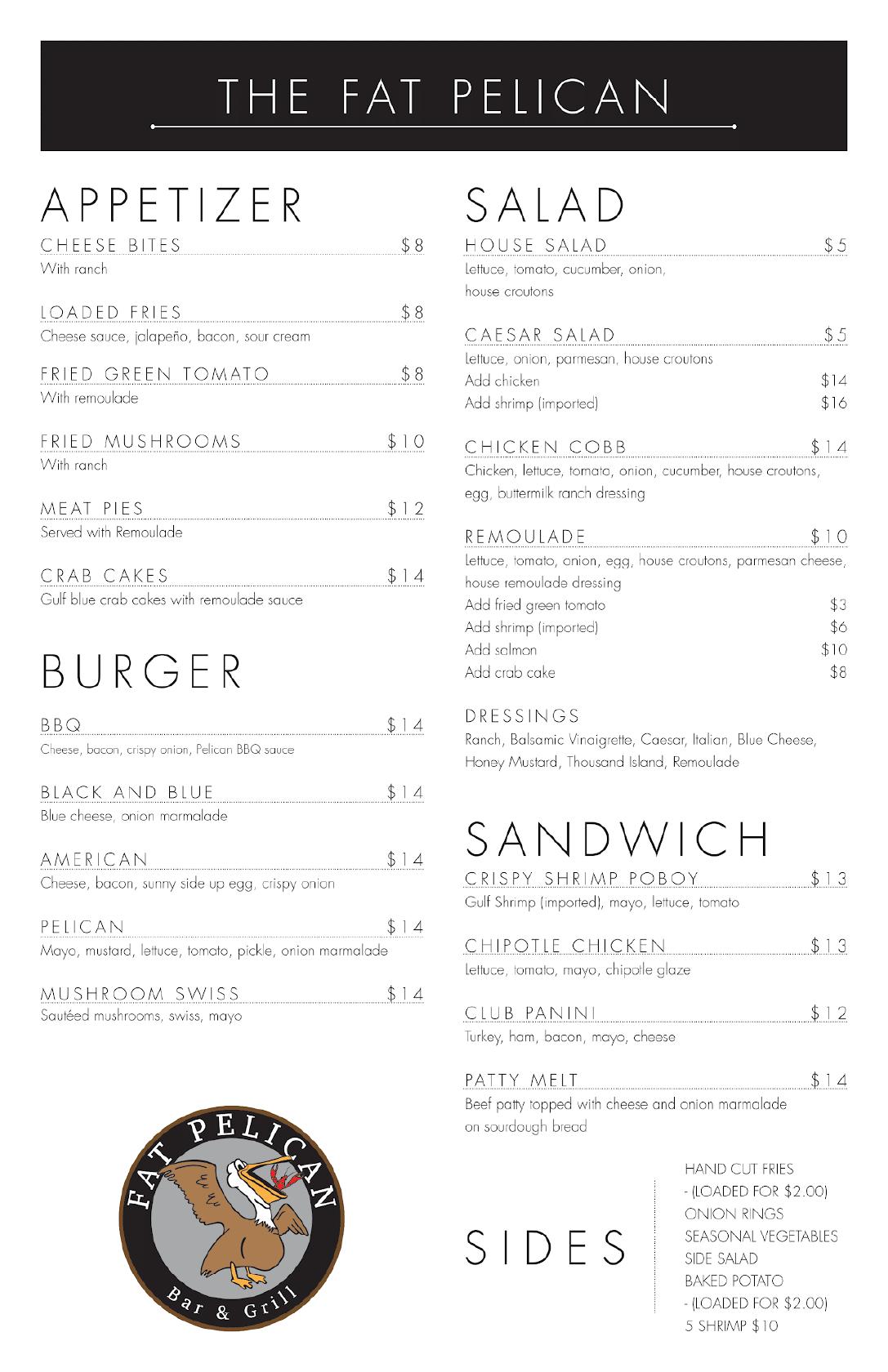Menu at The Fat Pelican restaurant, Monroe