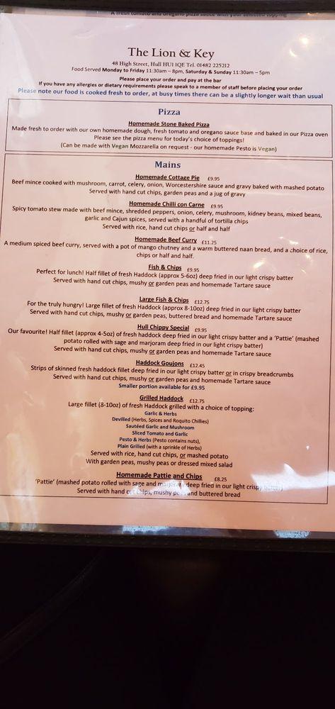 Menu at The Lion & Key pub & bar, Hull