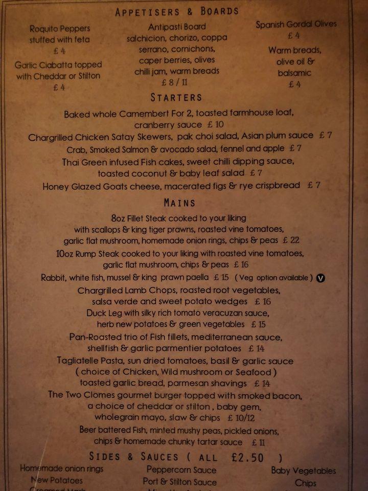 Menu at The Two Clomes pub & bar, Newquay