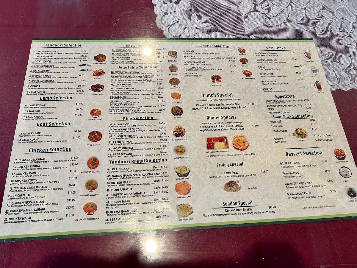 Menu at Al Watan Halal Tandoori Restaurant, Hawthorne