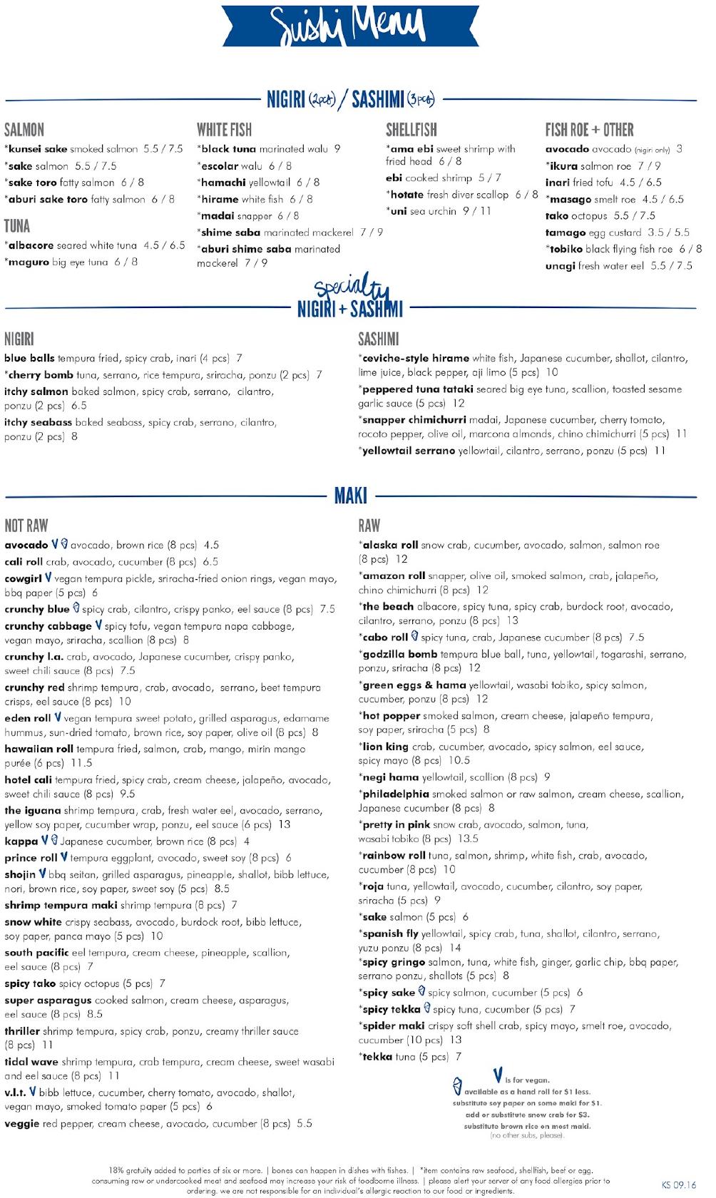 Menu at Blue Sushi Sake Grill restaurant, Westwood, Rainbow Blvd