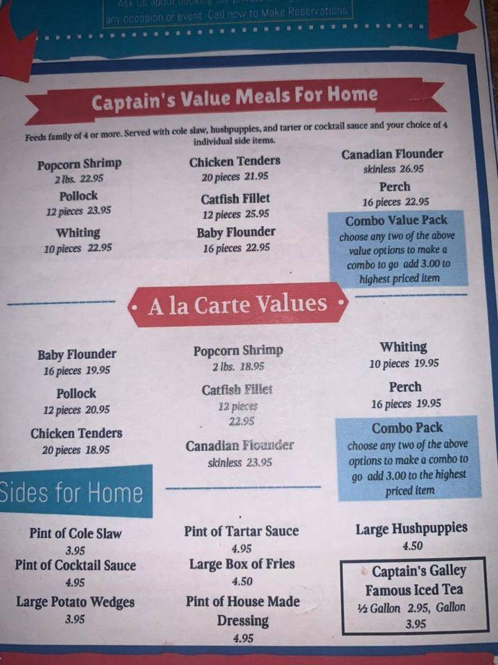 Menu at Captain's Galley Seafood restaurant, Granite Falls, Hickory Blvd