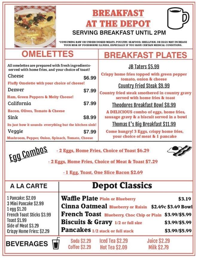 Menu at Edison Depot restaurant, Edison