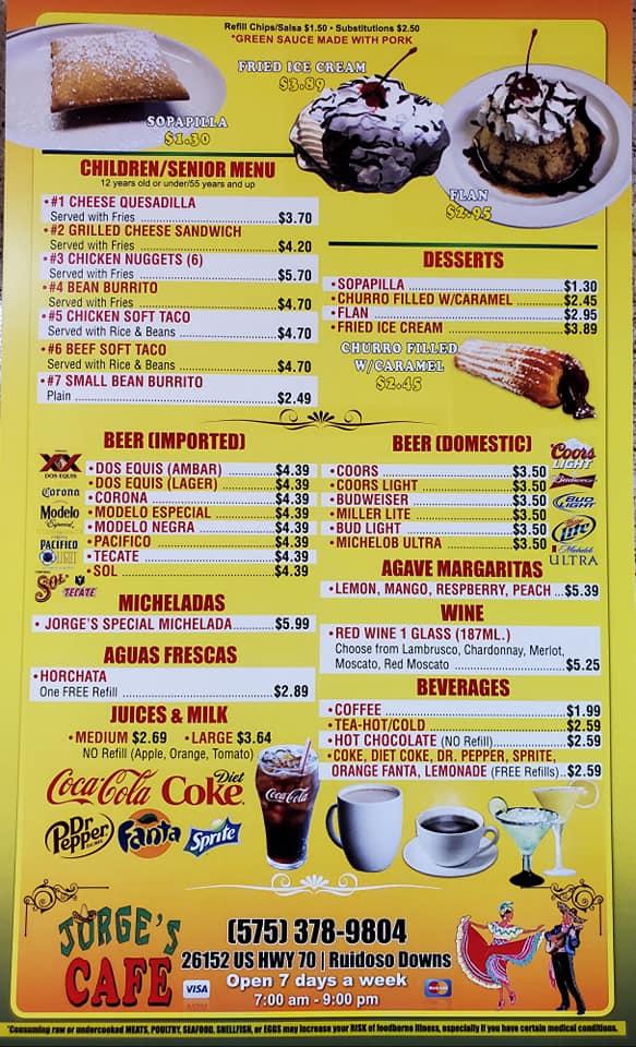 Menu at Jorge's Cafe, Ruidoso Downs, US-70