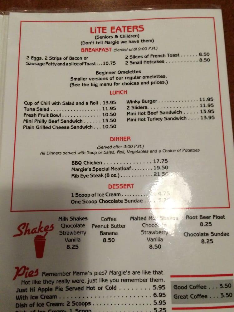 Menu at Margie's Diner restaurant, Paso Robles