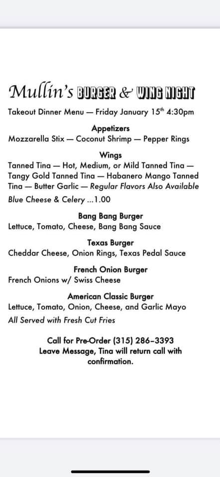 Menu at Mullin’s Family Restaurant, Gouverneur