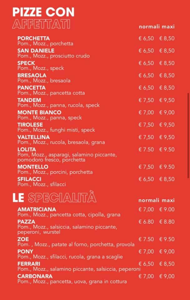 Menu at Pizzarte pizzeria, Pederobba