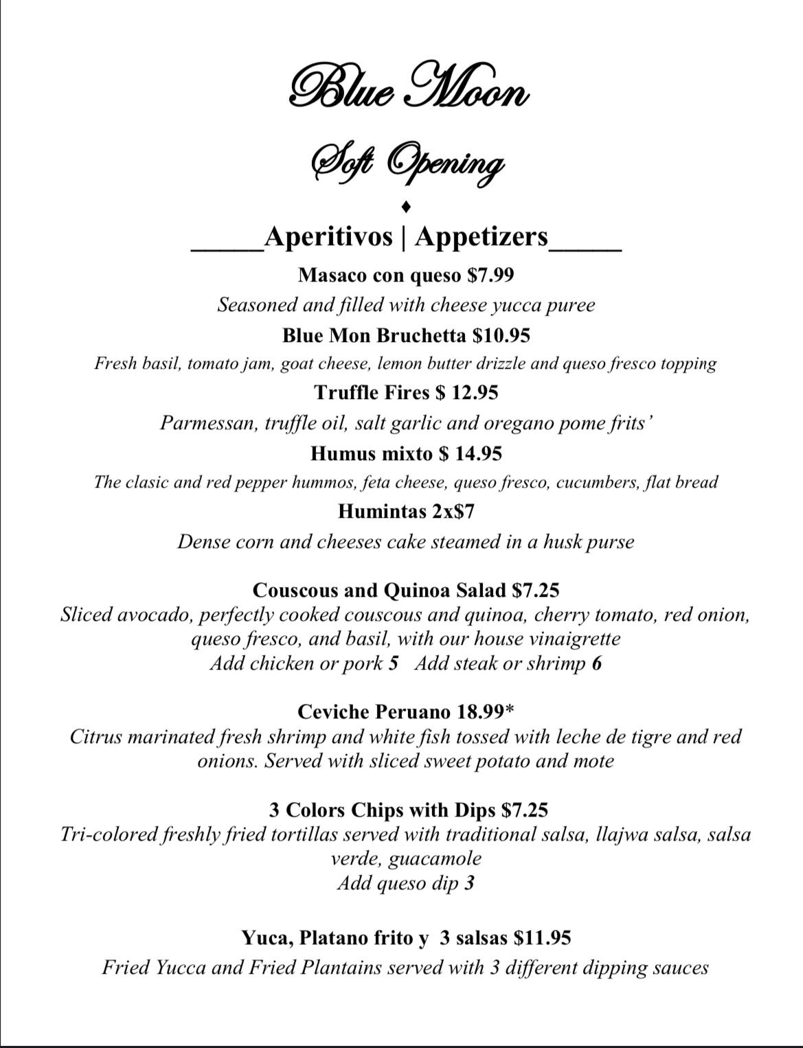 Menu at Blue Moon Lounge restaurant, Annandale
