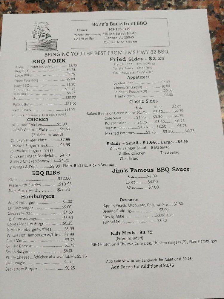Menu at Bone's Backstreet BBQ, Clanton
