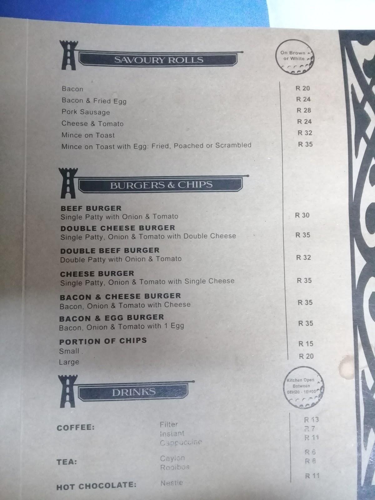 Menu at Camelot Country Club Restaurant, Outer West Durban