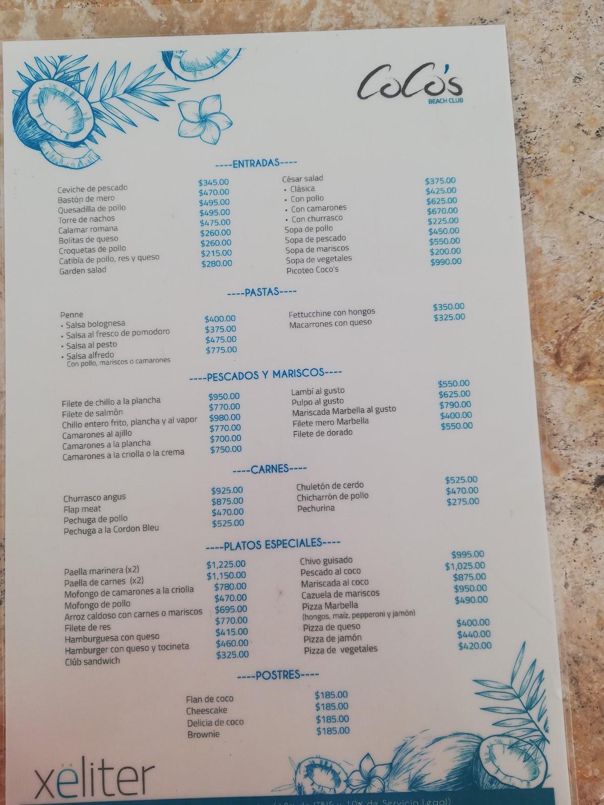 Menu at Coco's Beach Club, Juan Dolio