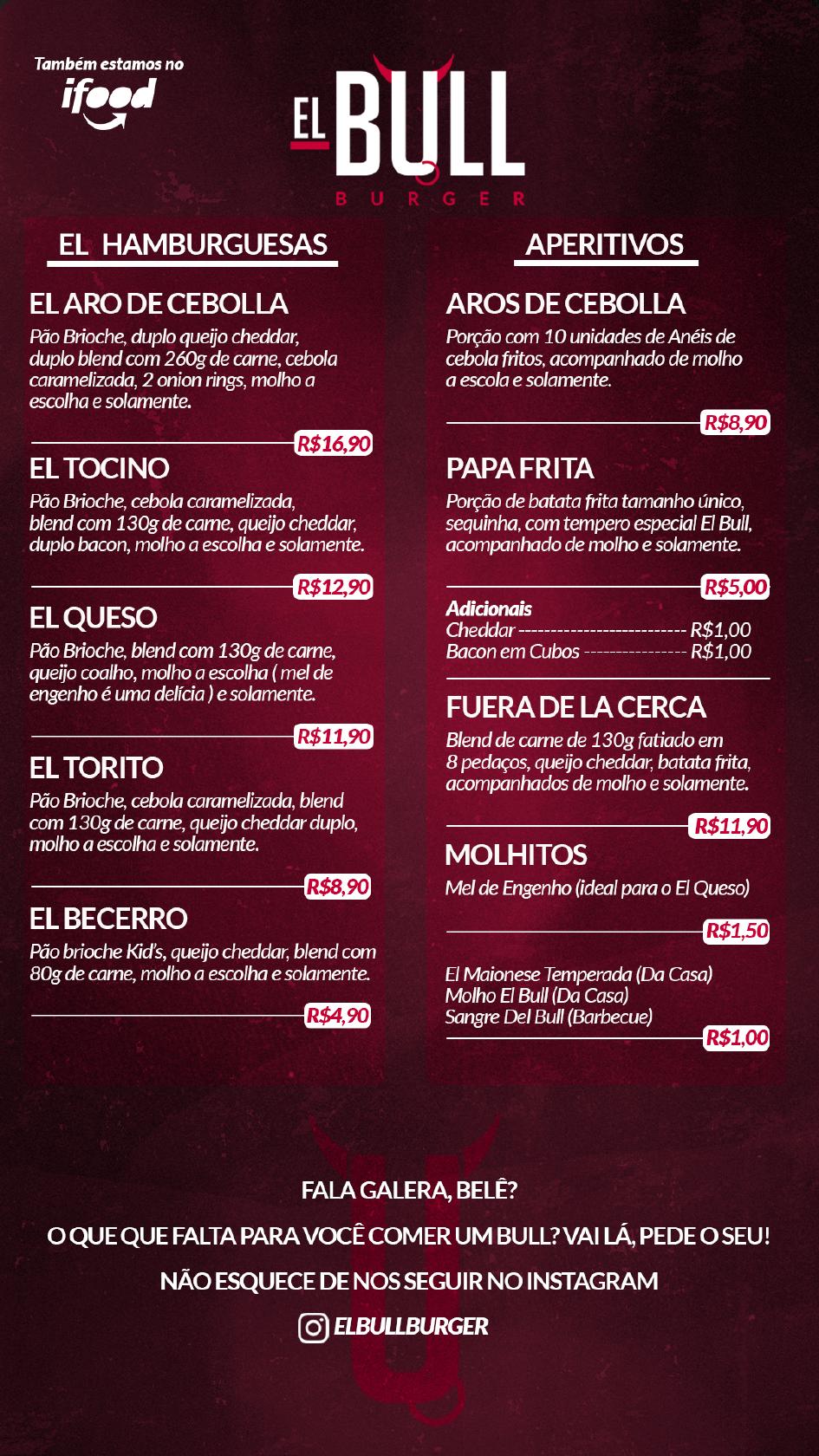 Menu at El Bull Burger restaurant, Paulista