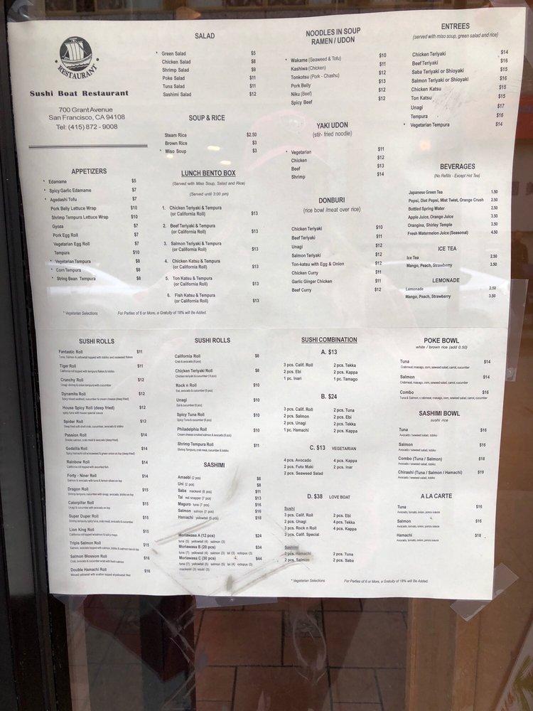 Menu at Floating Sushi Boat restaurant, San Francisco
