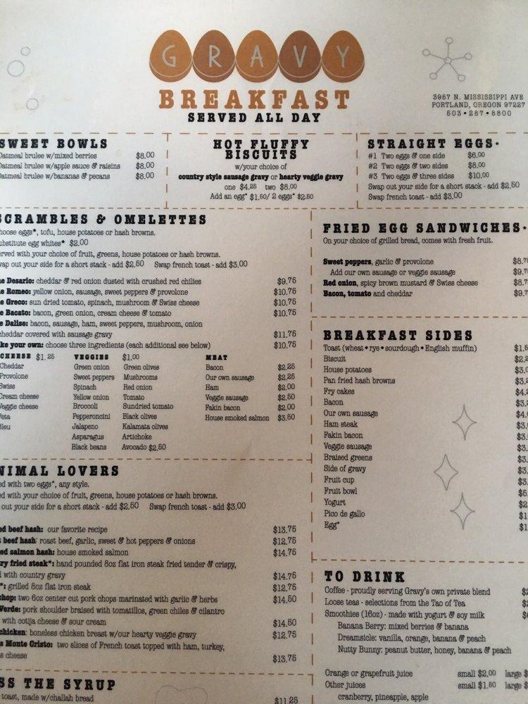 Menu at Gravy restaurant, Portland, N Mississippi Ave