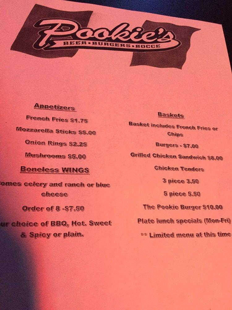 Menu at Pookie's Beer, Burgers & Bocce pub & bar, Marion
