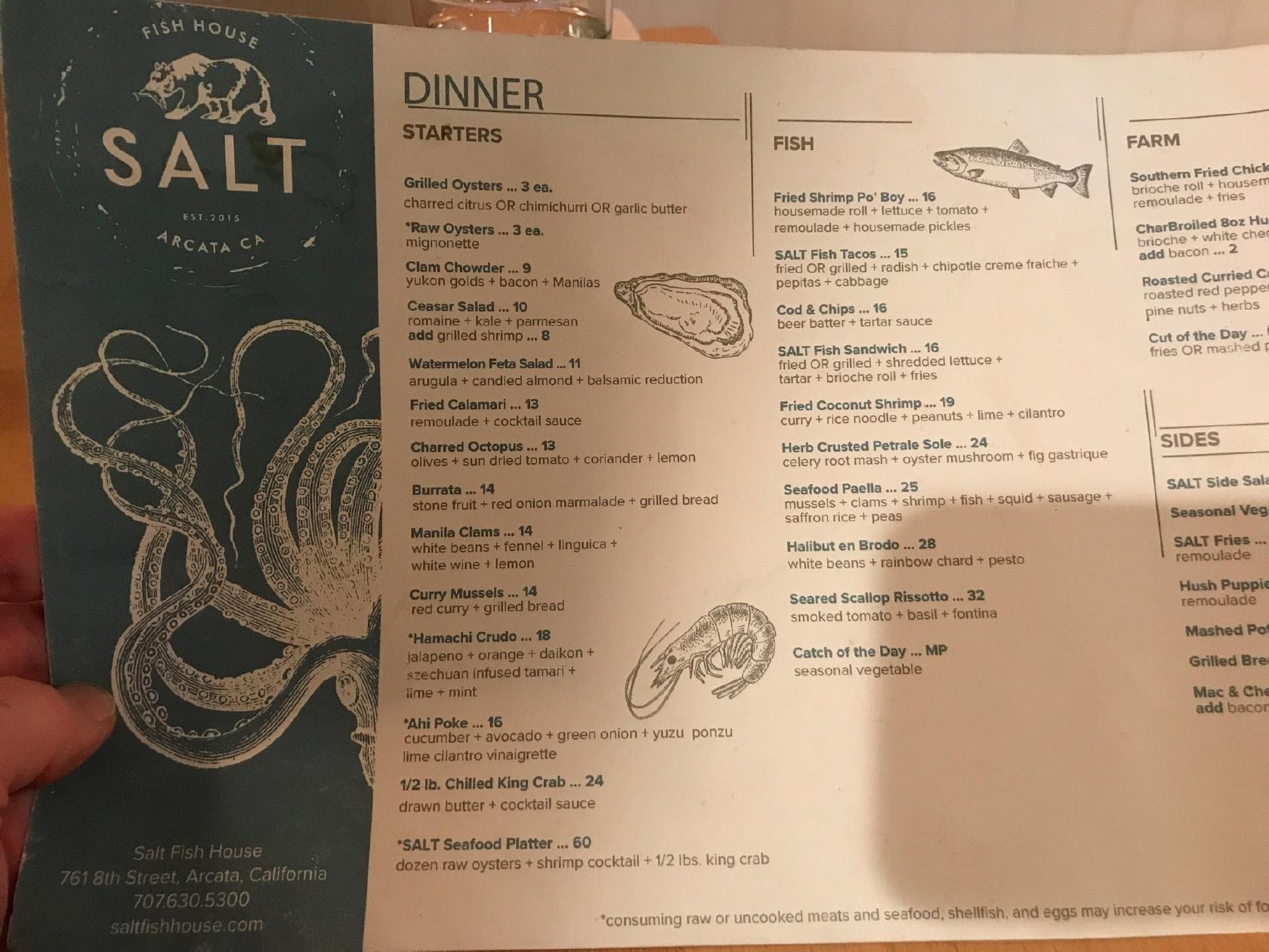 Menu at SALT Fish House restaurant, Arcata