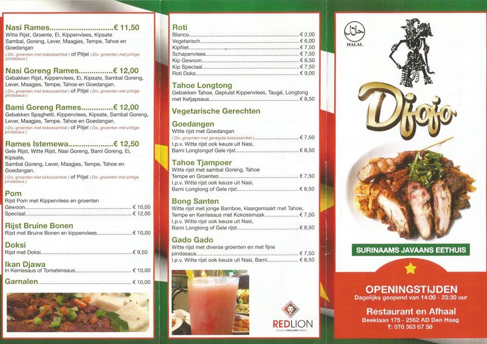 Menu at Surinaams-javaans Eethuis Djojo, The Hague