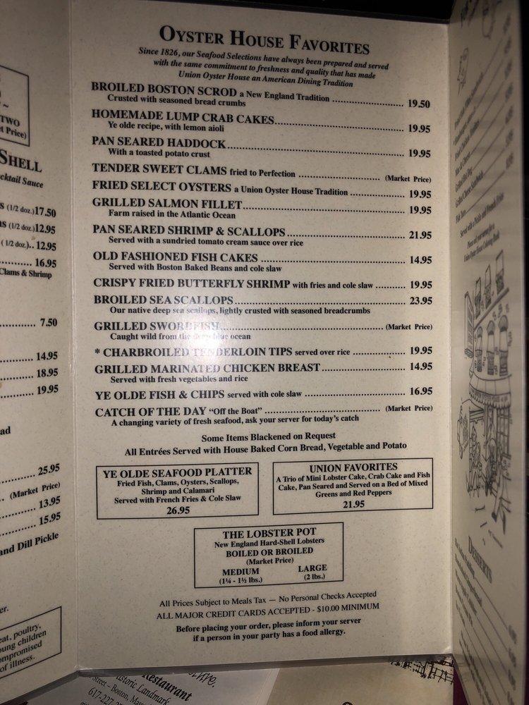 Menu at Union Oyster House restaurant, Boston