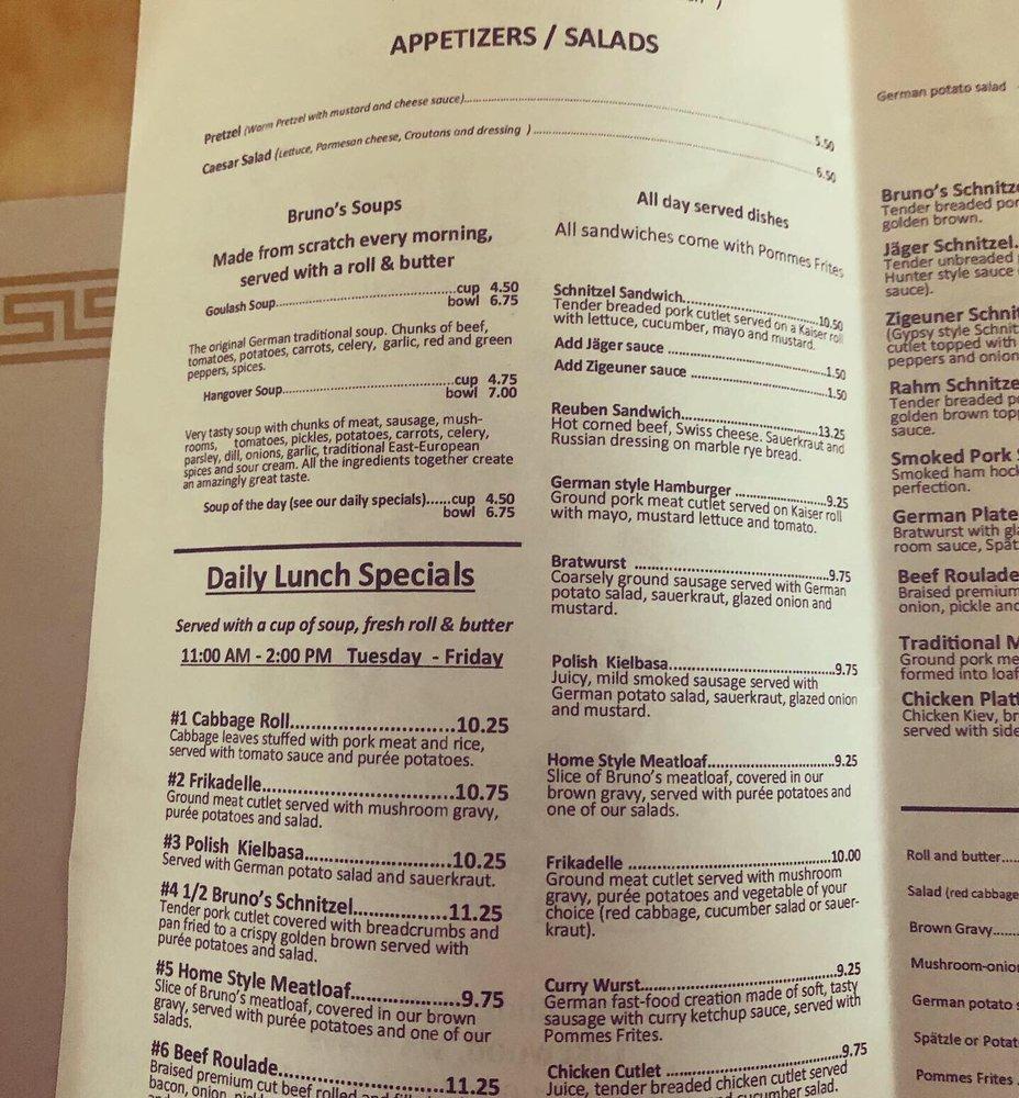 Menu at Bruno's European Restaurant, Lakewood, Bridgeport Way SW