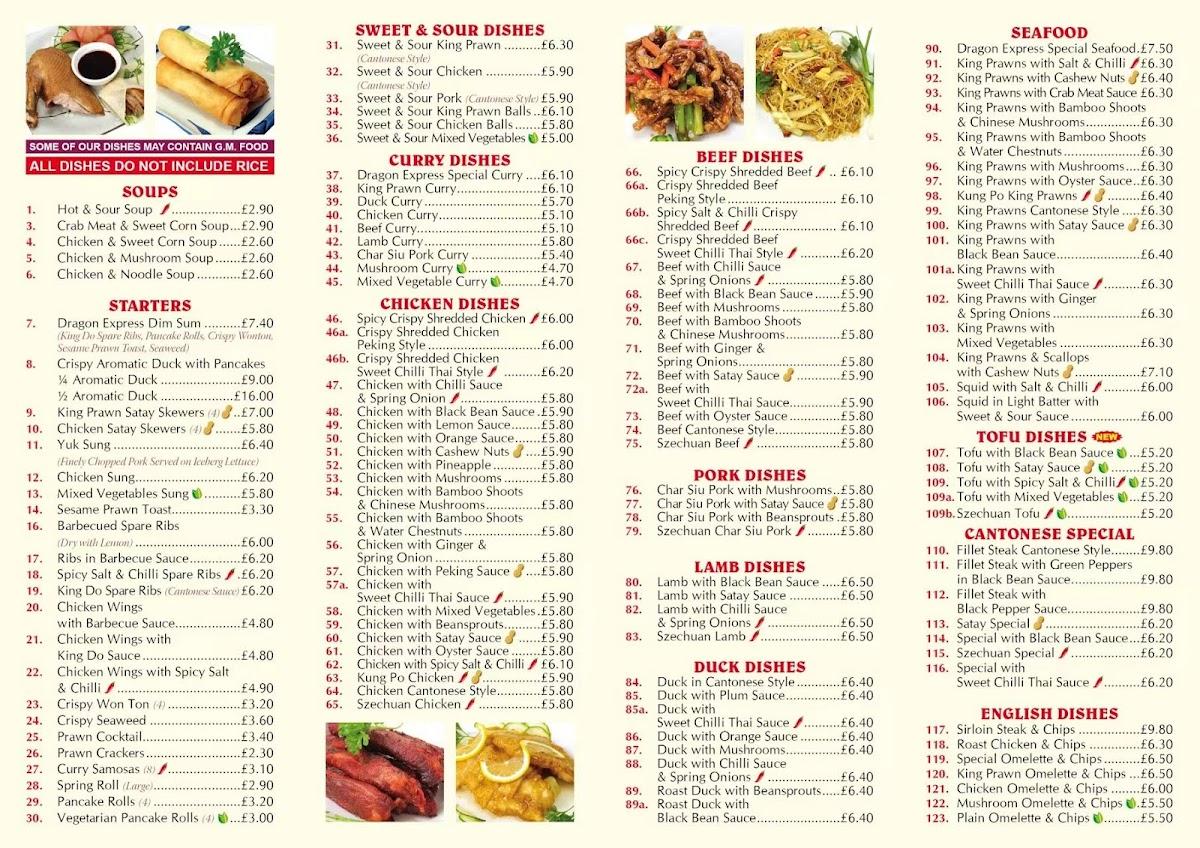 Menu at Dragon Express restaurant, Tamworth