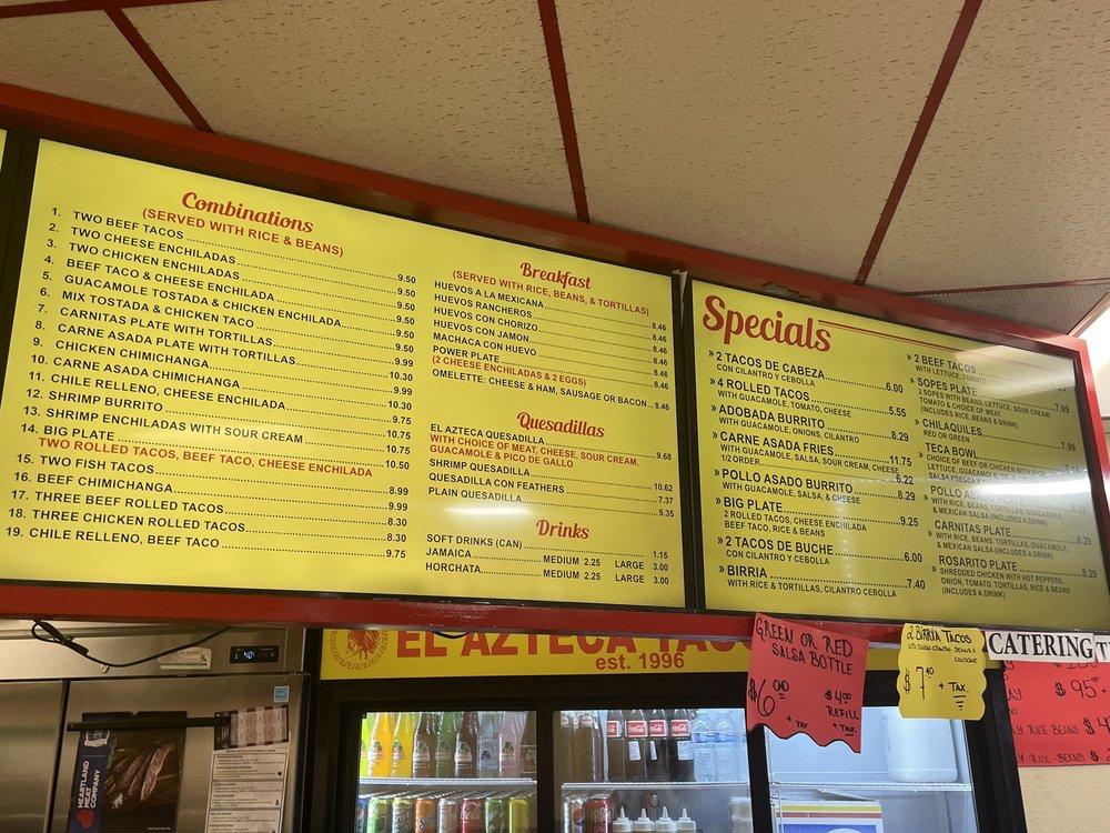 Menu at El Azteca Taco Shop restaurant, La Mesa