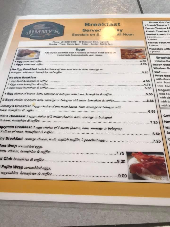 Menu at Jimmy's desserts, Ingleside