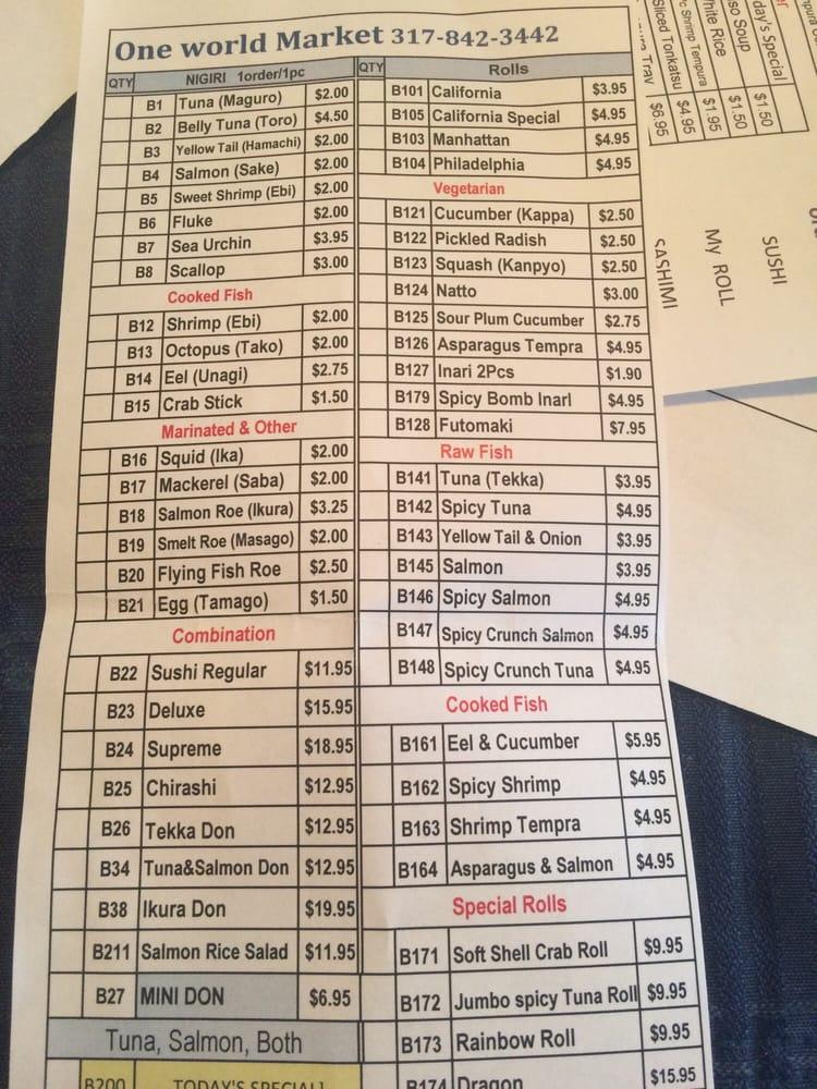 Menu at One World Market restaurant, Indianapolis