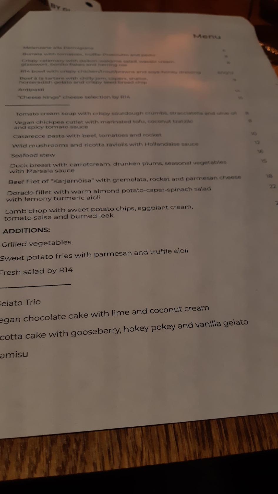 Menu at R14 restaurant, Tallinn