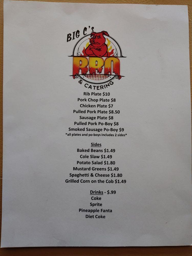 Menu at Big c's bbq, Denham Springs