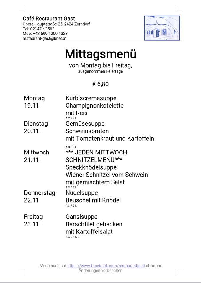 Speisekarte von Cafe-Restaurant Gast, Zurndorf