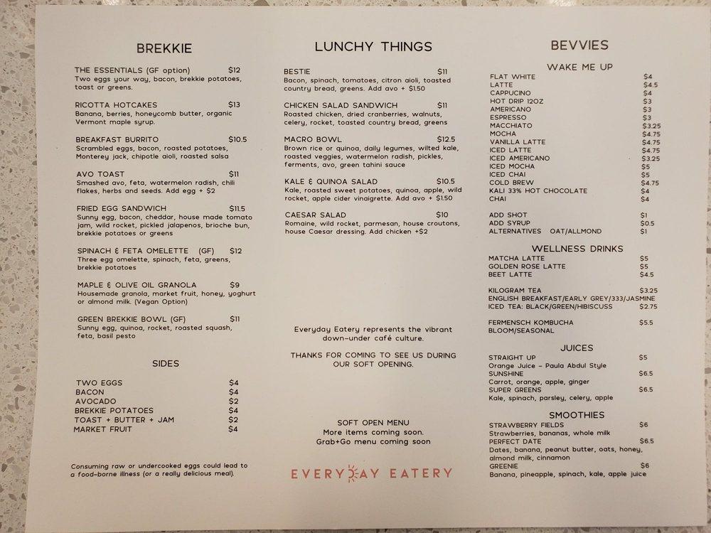Menu at Everyday Eatery cafe, Irvine