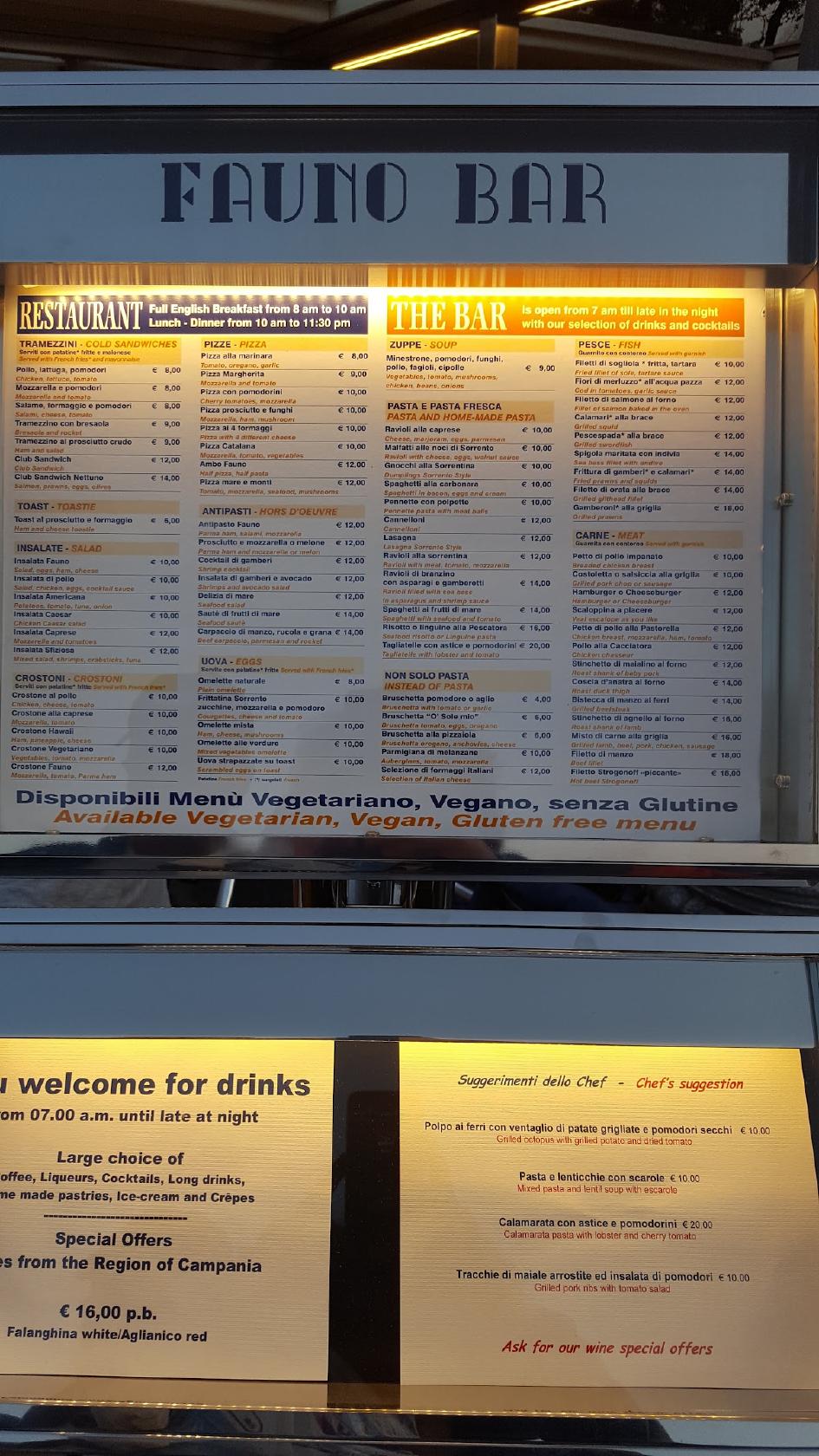 Menu at Fauno Bar, Sorrento