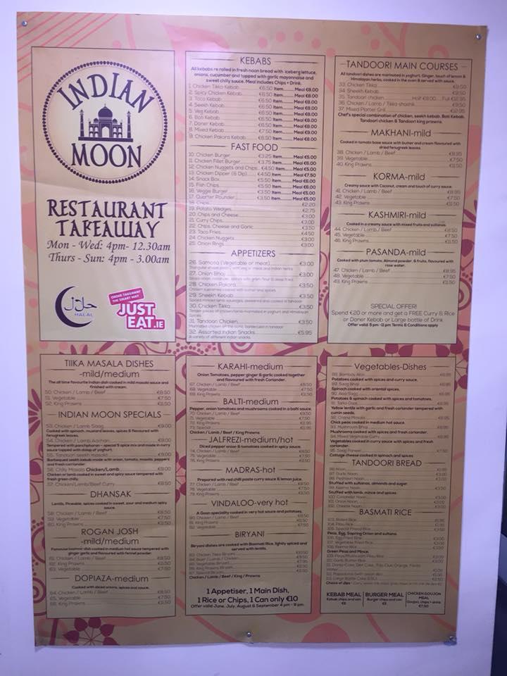 Menu at Indian Moon Restaurant, Cork