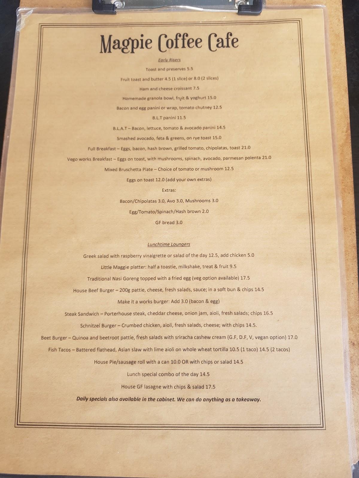 Menu at Magpie Coffee Cafe, Vasse