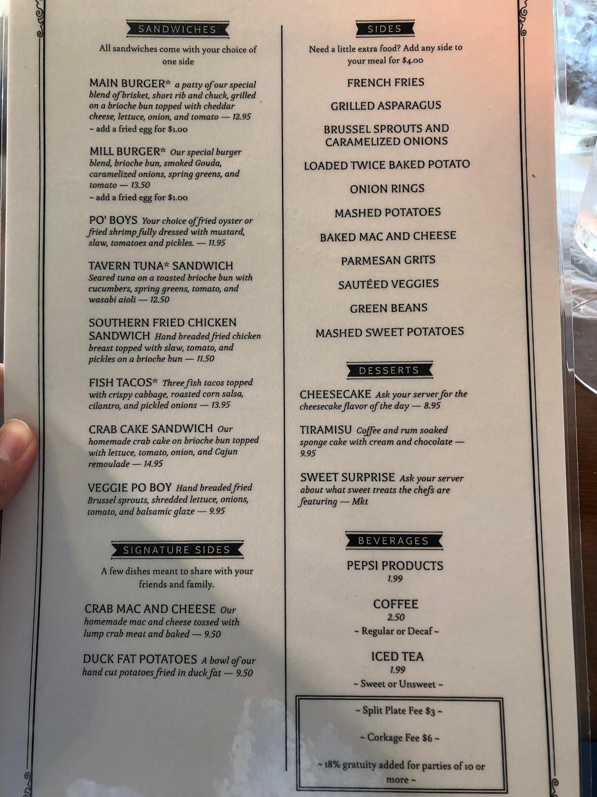Carta de Main & Mill Oyster Bar & Tavern, Winterville
