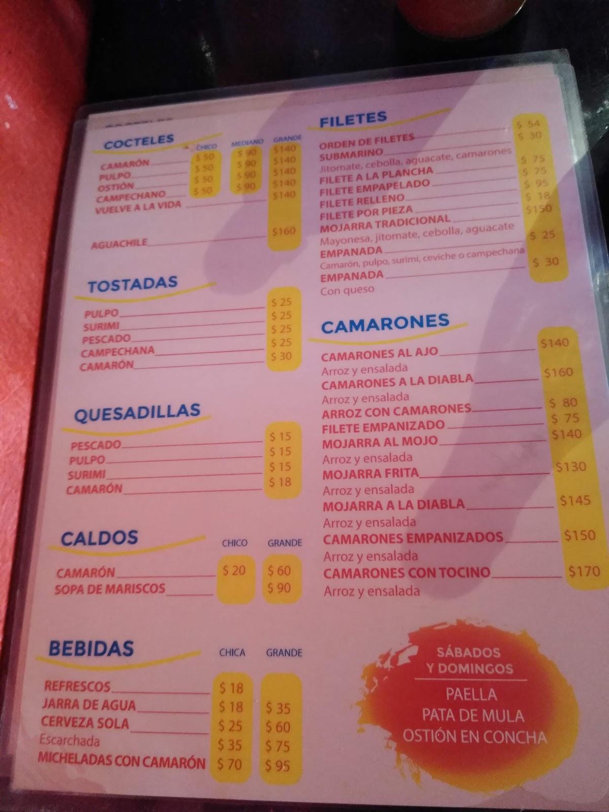 Carta del restaurante Mariscos Perla, Lerma del Villada