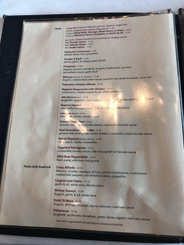 Menu at Nora's Italian Cuisine pub & bar, Las Vegas, 5780 W Flamingo Rd