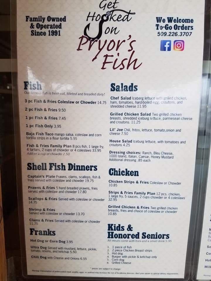 Menu at Pryor's Restaurant, Otis Orchards-East Farms