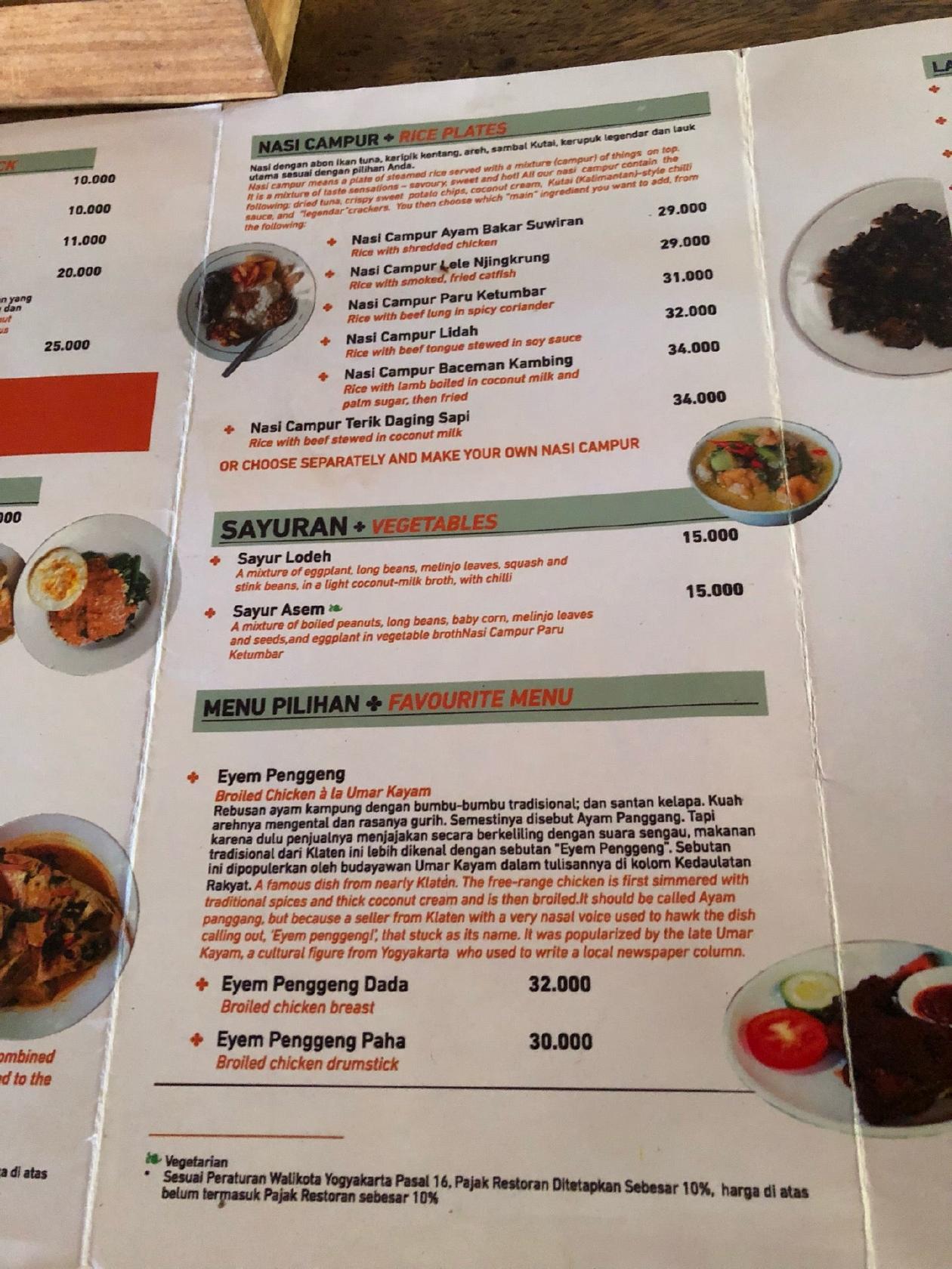 Menu at Warung Bu Ageng restaurant, Yogyakarta