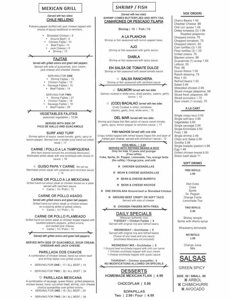 Menu at Barrocos Latin Cuisine, Rowlett