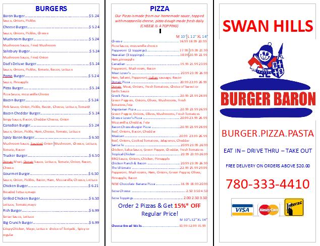 Menu at Burger Baron, Swan Hills