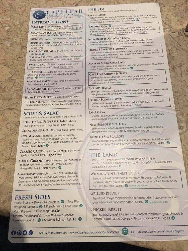 Menu at Cape Fear Seafood Company restaurant, Belville