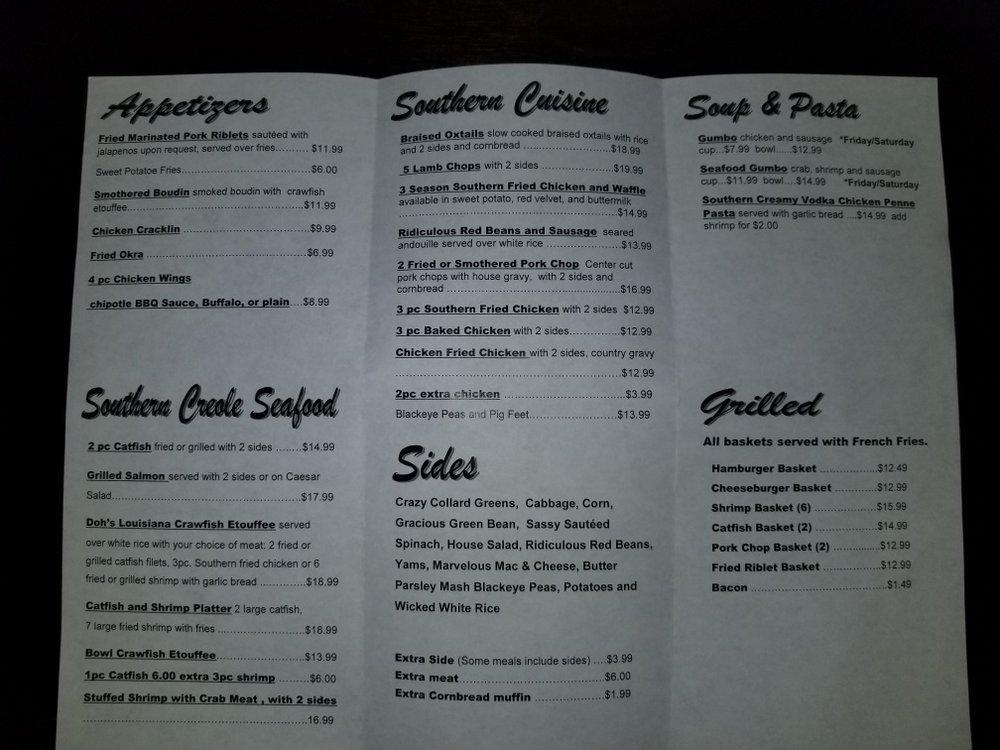 Menu at Doh's Southern Cuisine restaurant, Mission Bend