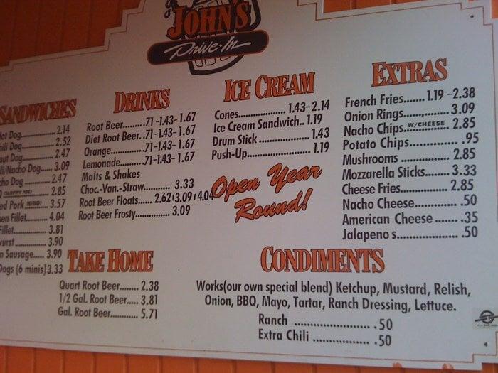 Menu at John's Drive-In fast food, Waukesha