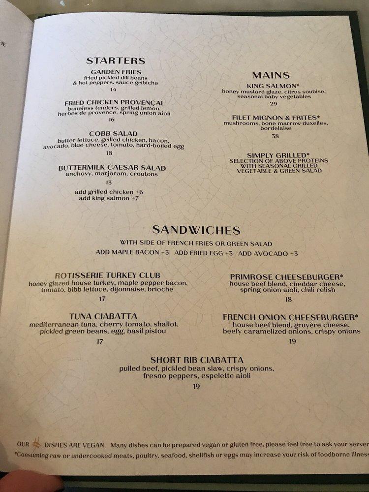 Menu at Primrose cafe, Las Vegas