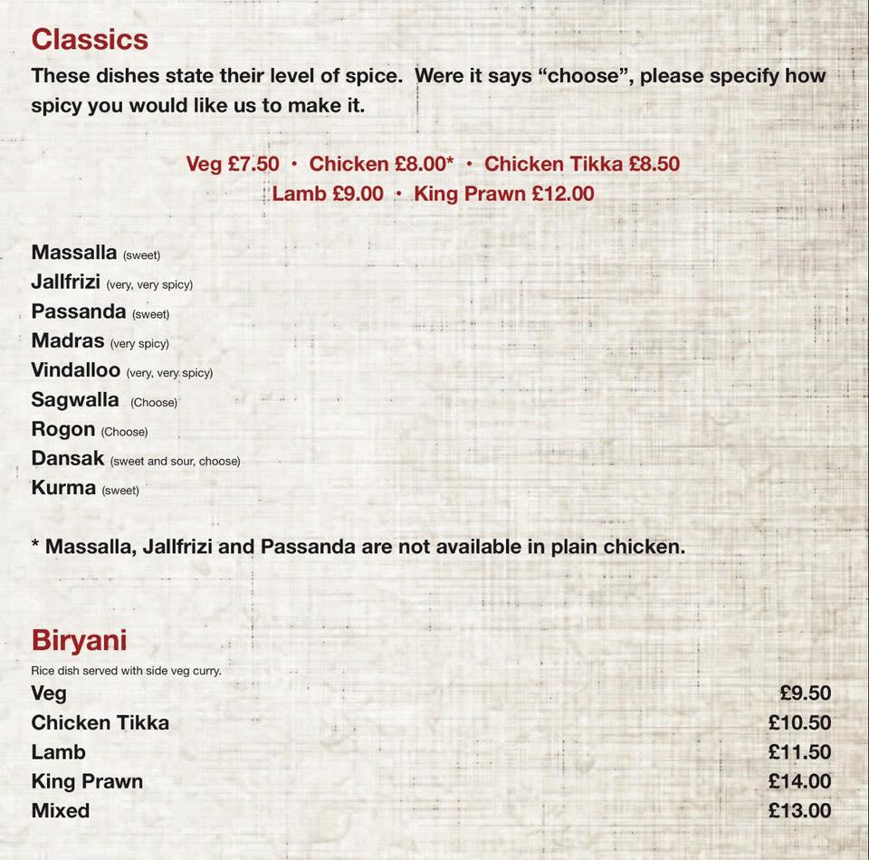 Menu at Shanaz of Lewes restaurant, Lewes