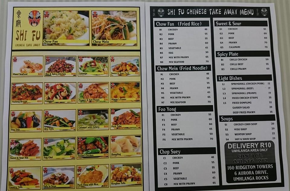 Menu at Shi fu restaurant & takeaway, Durban