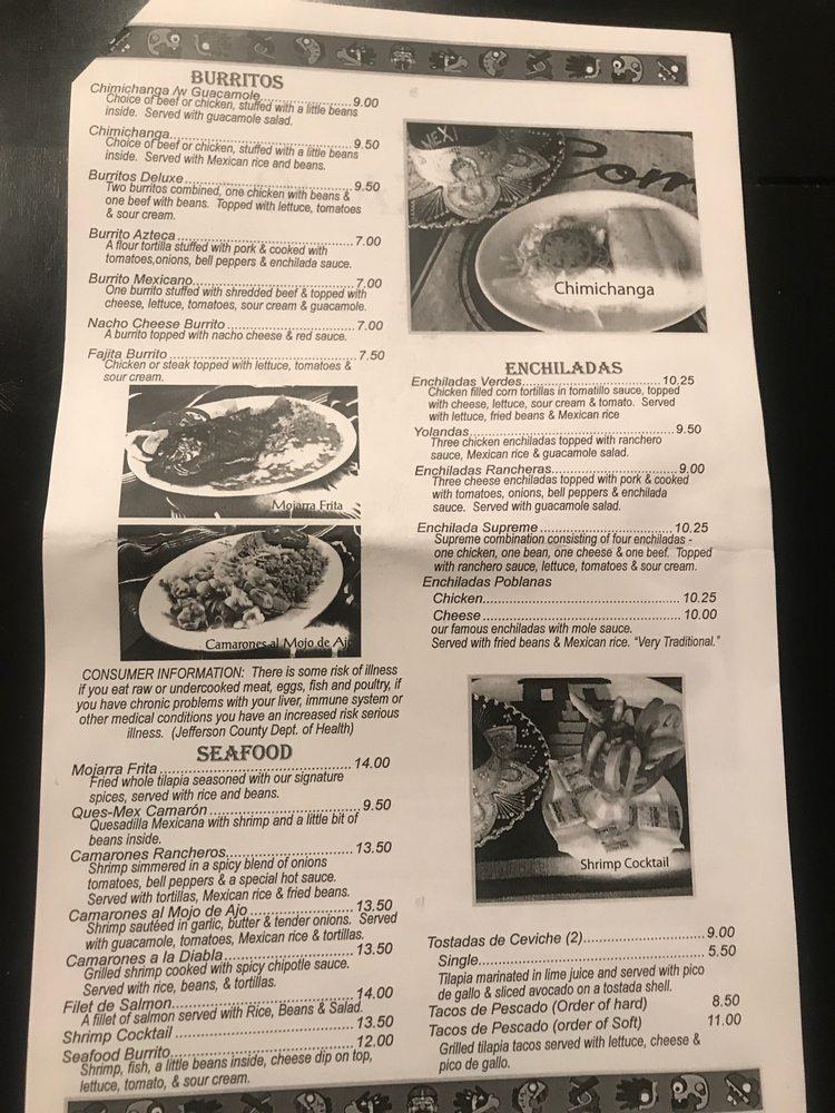 Menu at Sol Azteca Méxican Restaurant, Vestavia Hills, Montgomery Hwy #128