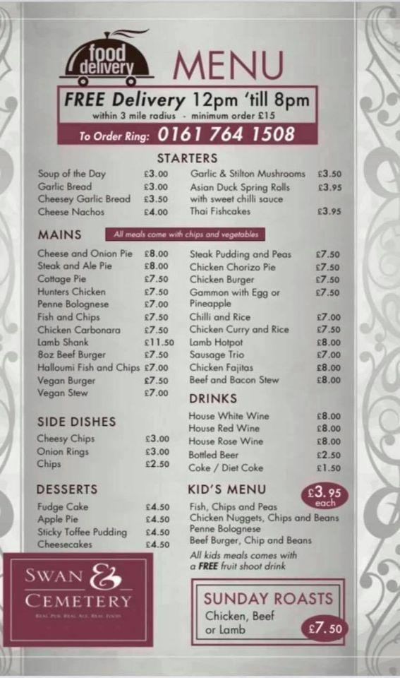 Menu at The Swan & Cemetery pub & bar, Bury, 406 Manchester Rd